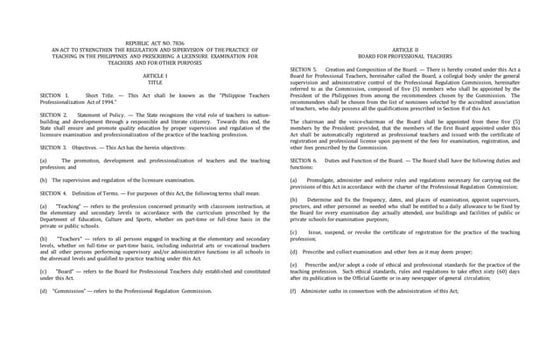 REPUBLIC ACT 7836 (Philippine Teachers Professionalization Act) | PPT