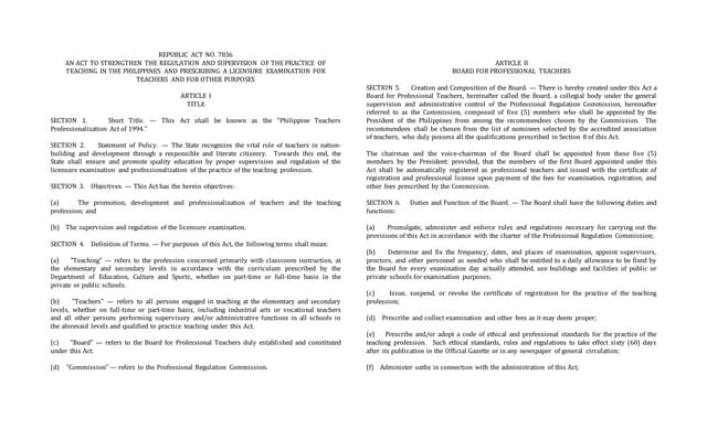 REPUBLIC ACT 7836 (Philippine Teachers Professionalization Act) | PPTX