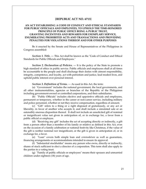 RA 6713 Code of Ethical Standards for Public Officials and Employees in ...
