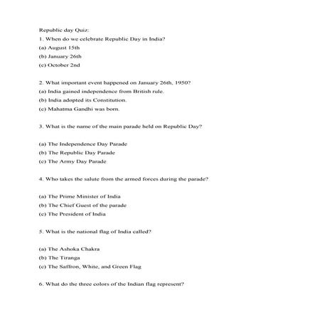 Republic day Quiz showing questions and answer | DOCX