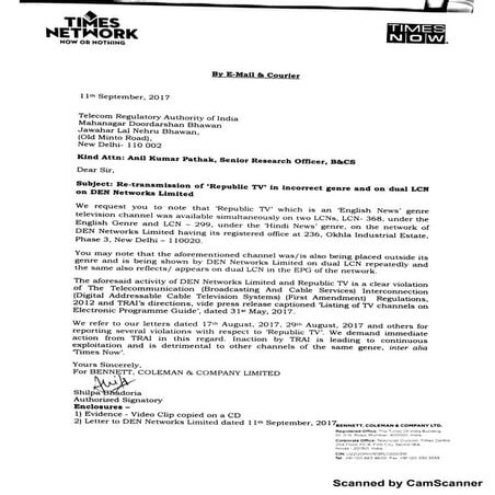 RepublicTV letter to TRAI | PDF