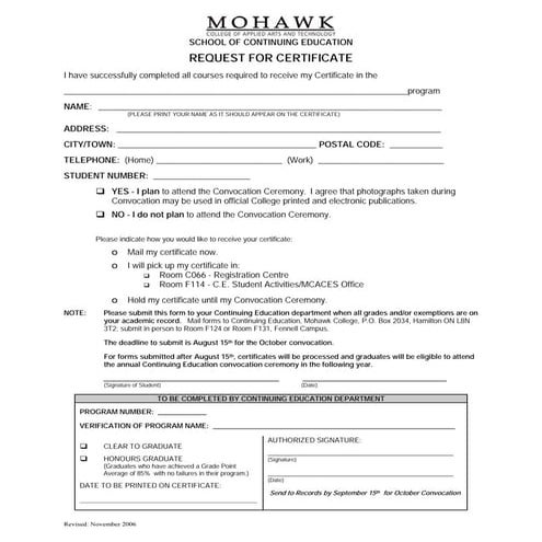 Mohawk College Request For Certificate Form | PDF