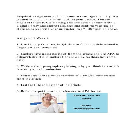 Required Assignment 1 Submit one to two-page summary of a journal a ...