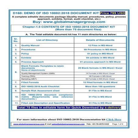 ISO 10002:2018 Documentation Kit - Manual, Procedures, Audit Checklist | PDF