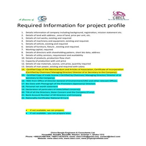 Required information for project profile | PDF