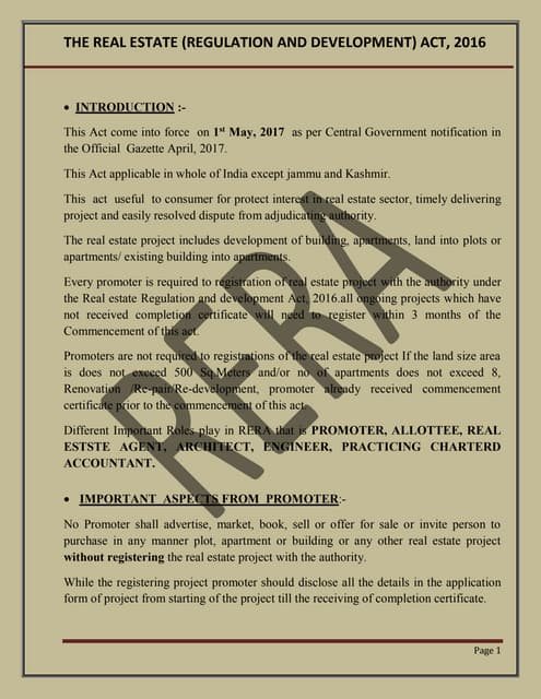 The Real Estate Regulation and Development Act, 2016 | PDF