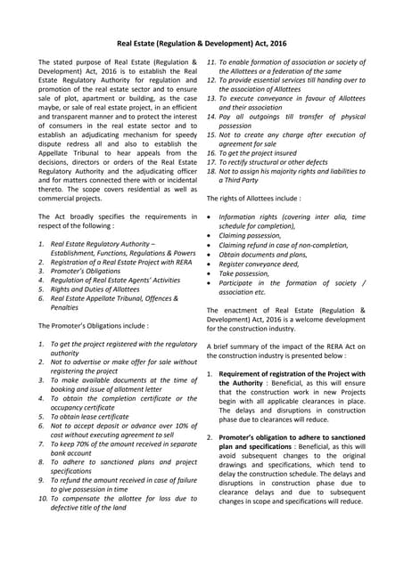 Real Estate Regulation Act, India (RERA) | PPTX | Real Estate Industry ...
