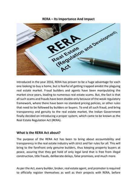Real Estate Regulation Act, India (RERA) | PPTX | Real Estate Industry | Industries