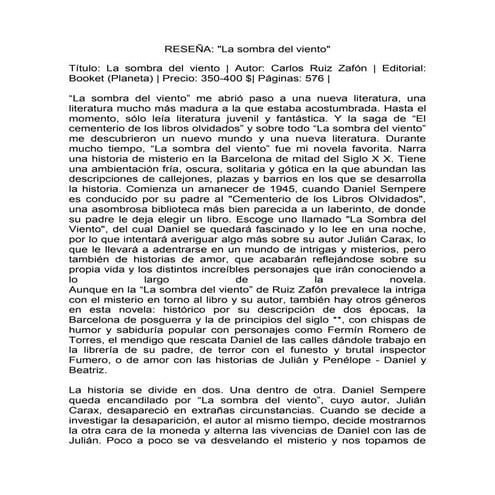 Reseña libro de la sombra del viento | DOCX