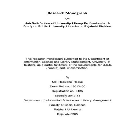 Research Monograph On Job Satisfaction of University Library ...