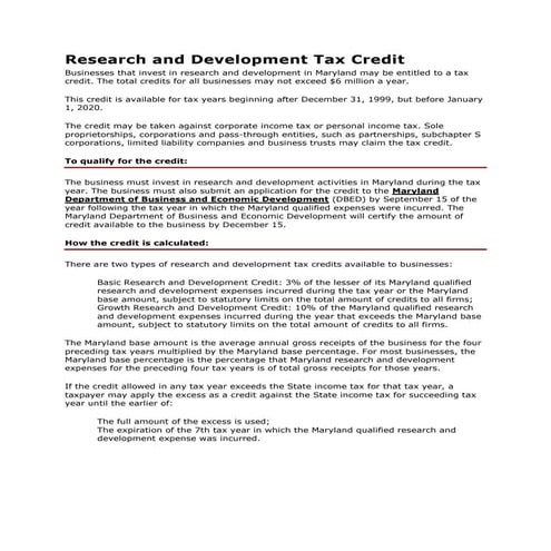 Research And Development Tax Credit | PDF