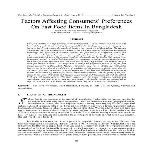 Factors Affecting Consumers’ Preferences On Fast Food Items In Bangladesh | PDF