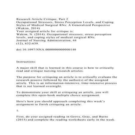 Research Article Critique, Part 2 Occupational Stressors, Stress.docx ...