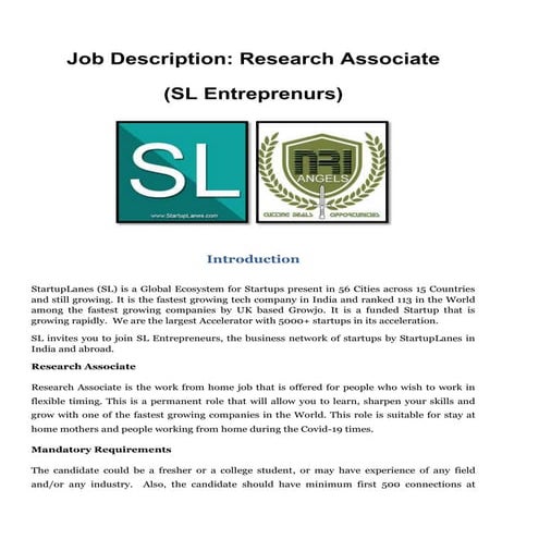 Job Description - Research Associate - SL Entrepreneurs | PDF