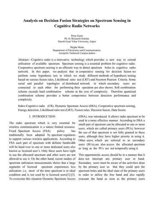 Spectrum Sensing with Energy Detection in Cognitive Radio Networks | PDF