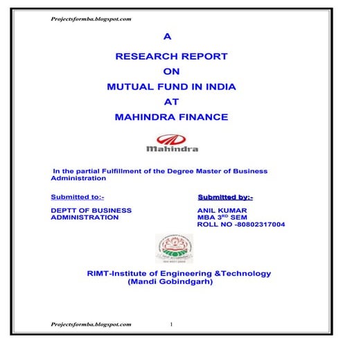 Research report on mutual fund in india at mahindra finance | DOC