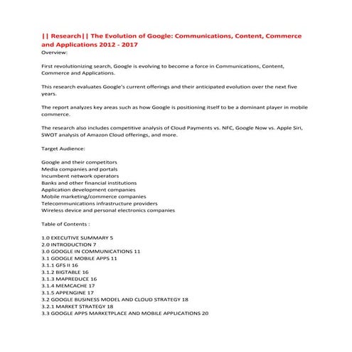 Research the evolution of google communications, content, commerce and ...