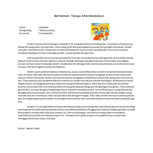 Resensi cerpen "Sahabat" diterbitkan oleh Bobo | DOCX