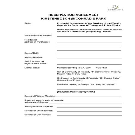 Kirstenbosch @Conradie Park - Reservation Agreement | PDF