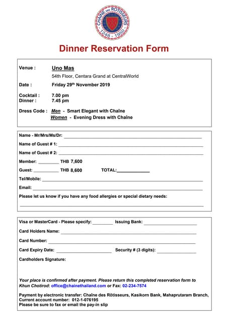 Chaine Thailand August 23 2019 Reservation Form | PDF