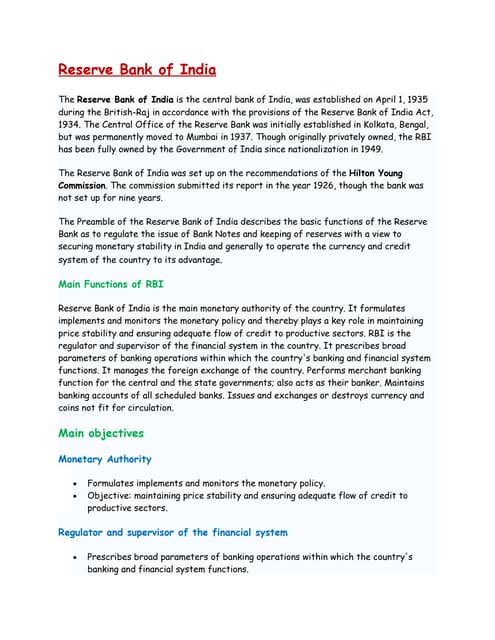 Reserve Bank Of India : Role ,Functions Structure and Management | PPTX | Business Banking ...