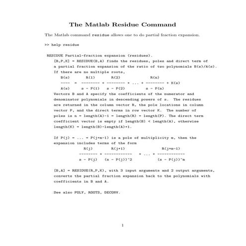 Residues in MATLAB | PDF