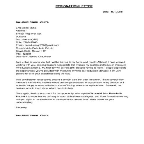 Resignation Letter Format India 21+ Professional Resignation Letter