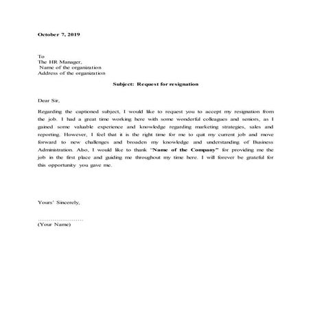 Resignation letter sample | DOCX