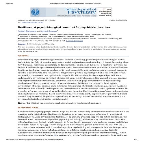 Resilience a psychobiological construct for psychiatric disorders | PDF