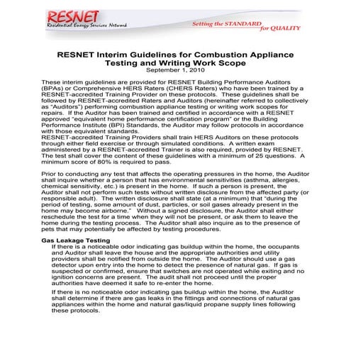 RESNET: Interim Guidelines for Combustion Safety Scope of Work | PDF