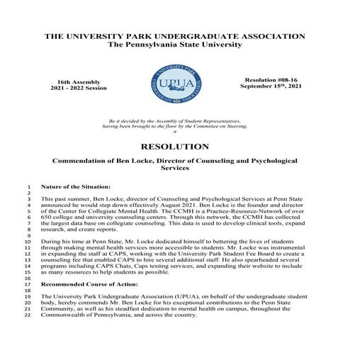 Resolution 08.16 commendation of ben locke, director of counseling and ...