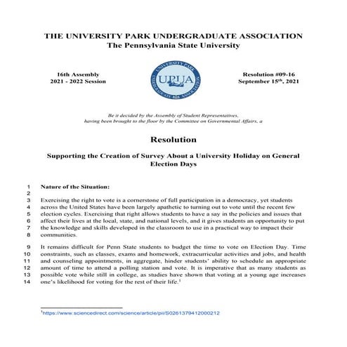 Resolution 09.16 supporting the creation of survey about a university ...