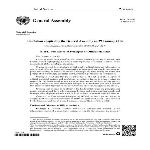 Resolution 68/261: Fundamental Principles of Official Statistics | PDF