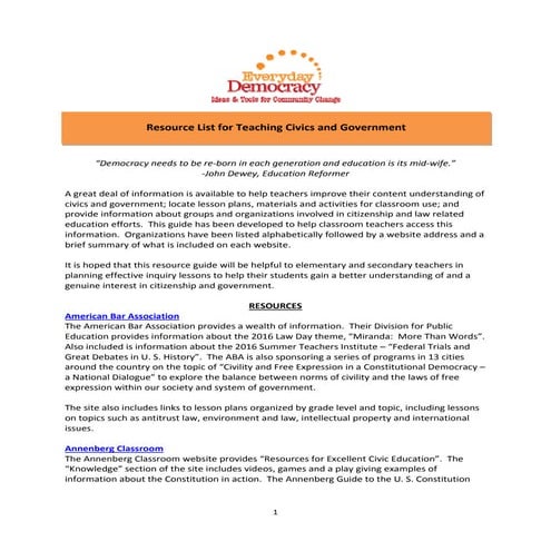 Resource List for Civics Teachers | PDF | Education