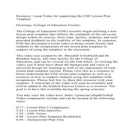 Resource Loom Video for supporting the COE Lesson Plan Template.docx