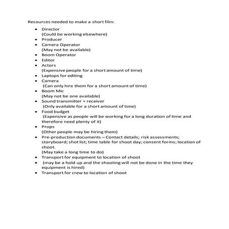 Resources needed to make a short film | DOCX
