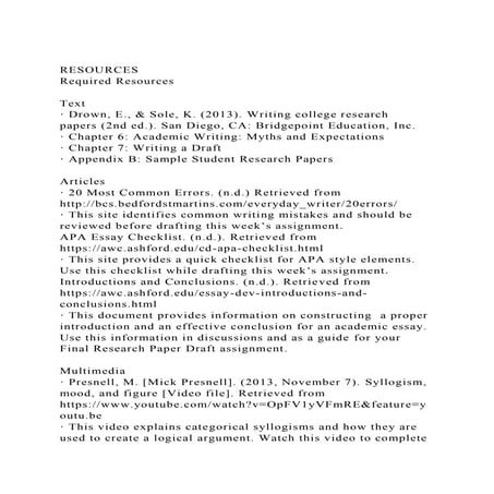 RESOURCESRequired ResourcesText· Drown, E., & Sole, K. (20.docx
