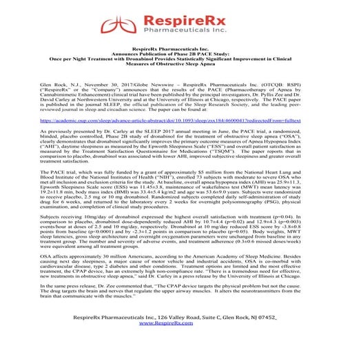 RespireRx Pharmaceuticals Inc. Announces Publication of Phase 2B PACE ...