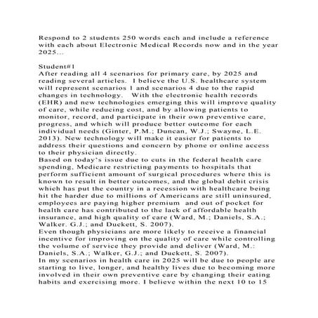 Respond to 2 students 250 words each and include a reference with ea.docx
