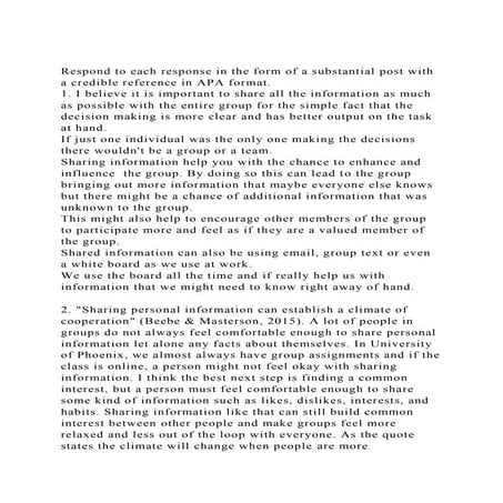 Respond to each response in the form of a substantial post with a .docx