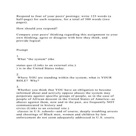 Respond to four of your peers postings; write 125 words (a half-pag.docx
