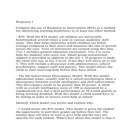 Response 1Compare the use of Response to Intervention (RTI) | DOCX
