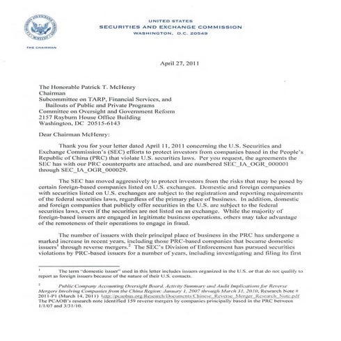 Response Letter from SEC Chairman Schapiro to Congressman McHenry ...