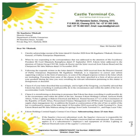 Castle Terminal Co. (Pty) Ltd & Oupa Teke responding to the Department ...