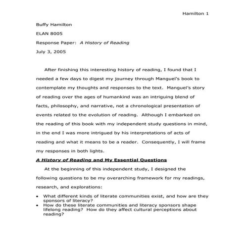 Response Paper To A History Of Reading Buffy Hamilton ELAN 8005 Summer ...