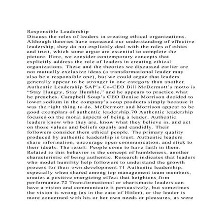 Responsible LeadershipDiscuss the roles of leaders in creating e.docx ...