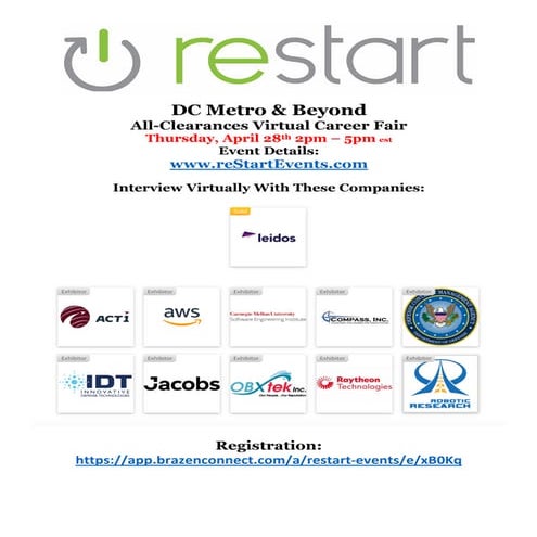 reStartEvents DC metro & Beyond Cleared Virtual Career Fair Employer ...