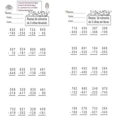 Restas de 3 digitos con y sin llevada | DOCX
