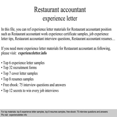 Restaurant accountant experience letter | PPT