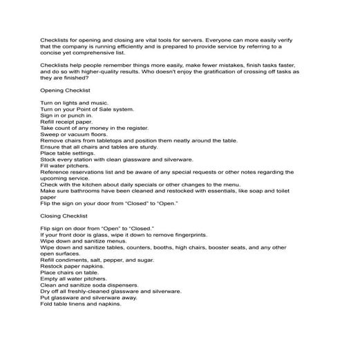 Restaurant Servers' Opening and Closing Checklists